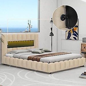HAUSHECK Upholstered Bed Frame Queen Size with Large Underneath Storage, LED Headboard and USB Ports, Queen Floor Bed Frame w/Wooden Slats Support, Modern Platform Bed No Box Spring Needed