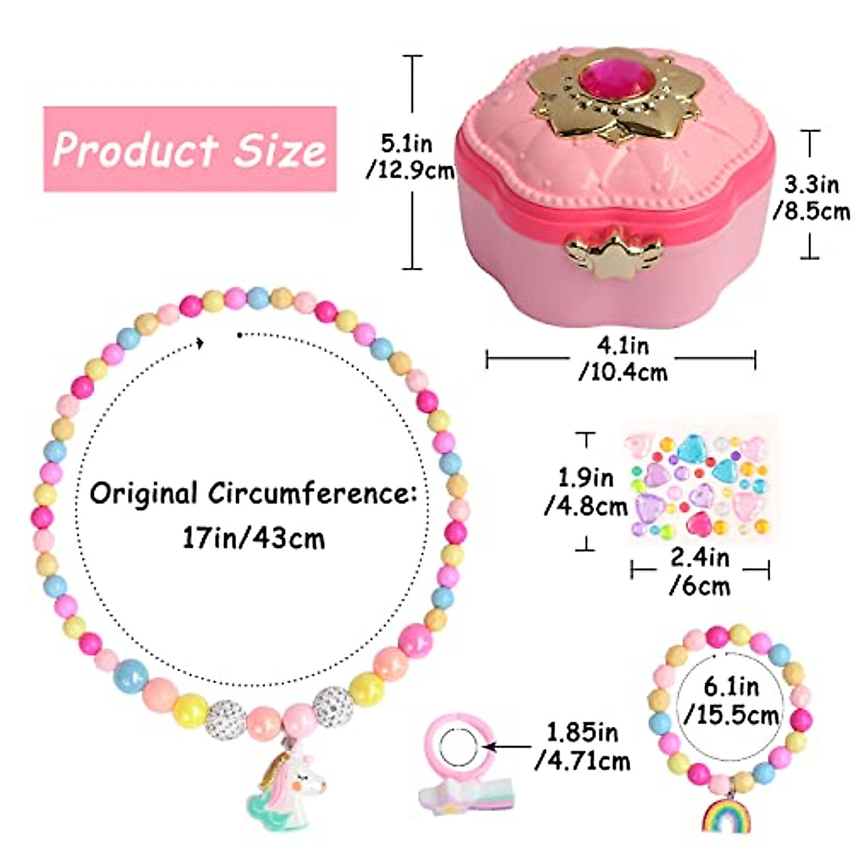 Zubumdy Kids Musical Jewelry Box With Light Unicorn Jewelry Set, Toddlers Jewelry Gift Set Girls Pretend Play Princess Dress Up Necklace Bracelet Ring Dreamy Pink