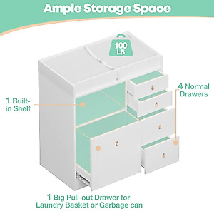 DAWNSPACES Baby Changing Table Dresser with 5 Drawers & Shelf, 2 in 1 Nursery Dresser Chest for Infants w/Changing Station, 33.5" Storage Changing Station Dresser, White