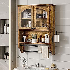 YITAHOME Bathroom Cabinet Wall Mounted Medicine Cabinet Organizer, Bathroom Storage with 2 Towel Hooks, Paper Towel Holder and Adjustable Shelf for Living Room Laundry Bedroom, Brown