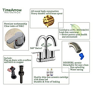 Chrome 4 Inch Centerset Bathroom Sink Faucet 3 Holes with Pop up Drain, High Arc Modern 2 Handle Bathroom Vanity Lavatory Faucet with Brass 360° Swivel Spout, TAF067E-CP