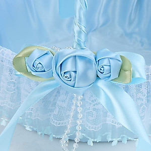 Flower Girl Basket, Cute Handle Flower Girl Basket, Wedding Flower Girl Baskets, Bridal Flower Basket, Flowers Bouquet for Wedding Party Banquet, Wedding Party Decoration (Blue)