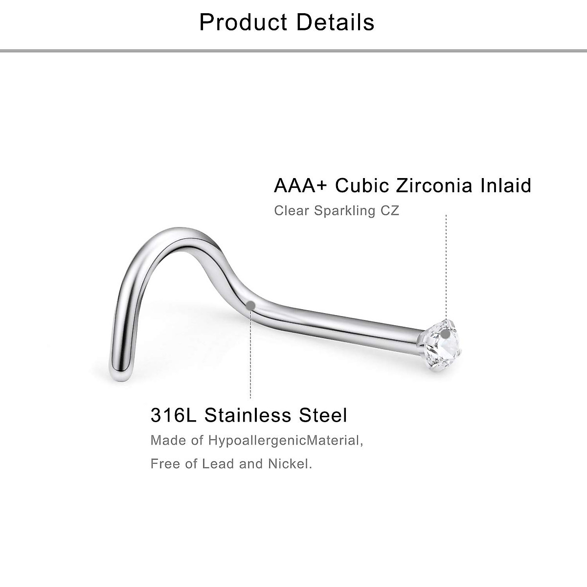 Lcolyoli Nose Rings Screw 18 Gauge Surgical Steel Nose Studs Crystal Hypoallergenic Body Piercing Jewelry 1.5MM Diamond CZ 14 Pieces Silver-tone