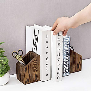 MyGift Rustic Brown Solid Wood Decorative Bookends, Office Desk Book Stand with Stationery Holder and Pencil Cup, 1-Pair
