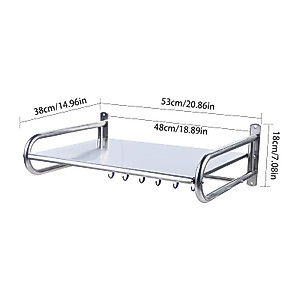 Ghankopd Microwave Oven Rack, Stainless Steel Microwave Oven Shelf Wall-Mounted Kitchen Shelf, Kitchen Shelves Counter with 6 Hooks for Kitchen Countertop Organizer (Silver)