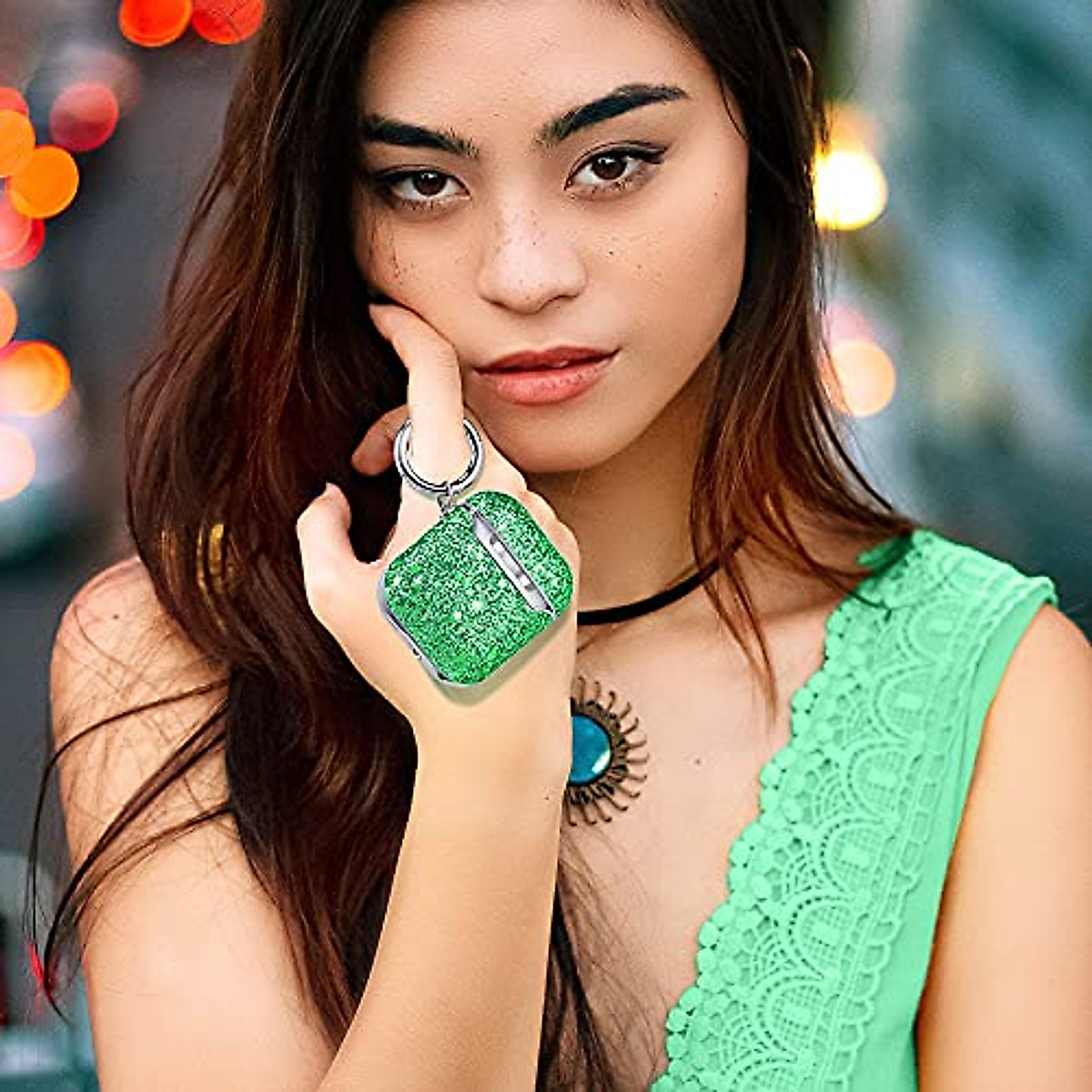 Imguardz AirPods Case for Women Girls, Luxury Bling Case for AirPods 2nd Generation, Glittery Leather Hard Protective Cover with Keychain Compatible with Apple AirPods 2 & 1 (Front LED Visible), Green