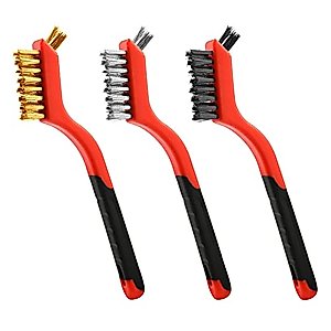 Wire Brush Set, 3 Pcs Stainless Steel/Brass/Nylon Wire Brushes for Cleaning with Curved Handle Grip for Rust Removal, Dirt, Paint Scrubbing(Red)