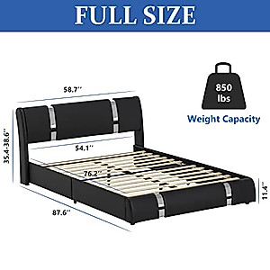Modern Full Size LED Bed Frame, Upholstered Platform Bed Frame with Adjustable Headboard, Wooden Slats Support, No Box Spring Needed, Black