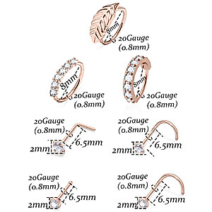 Vsnnsns 20G Nose Rings for Women Stainless Steel L Bone Screw Shaped Nose Studs Nose Rings CZ Nose Ring Hoop Nose Rings Studs Piercings Hoop Jewelry for Women Men Rose Gold 21Pcs