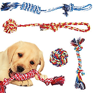 SunGrow, 5-Pack Ferret Rope Chew Teething Toys, Puppy Chew Toys & Accessories for Cage, Machine-Washable Durable Cotton Knotted Rope Dog Tug Toys for Small to Medium Breeds, 3” - 19”