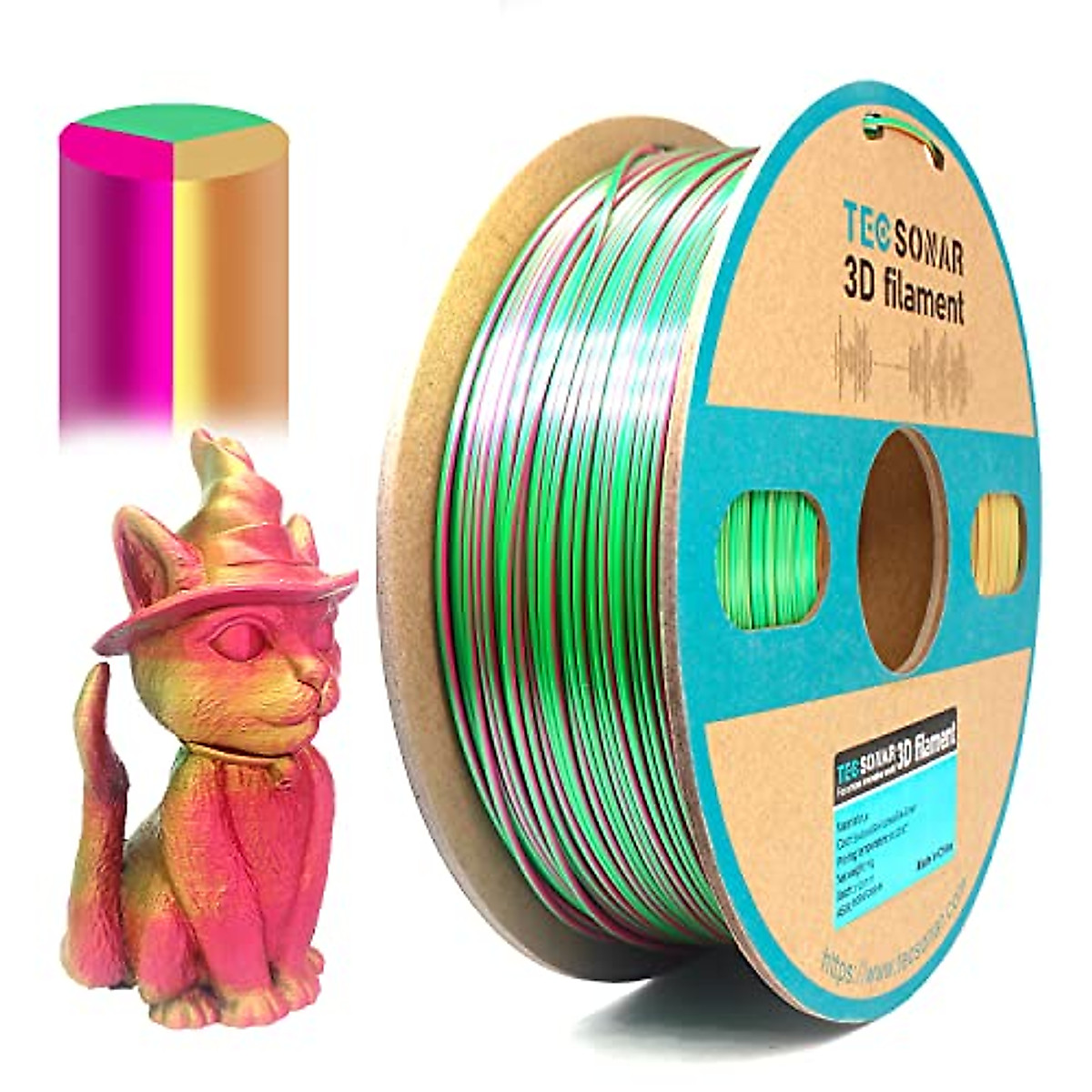 TECSONAR Tricolor PLA Filament Coextrusion Filament 1kg Triple Color Filament 1.75mm (± 0.03 mm) Compatible w/Most of 3D Printer Silk Gold Purple Red Green