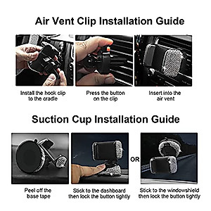 Bling Phone Holder for Car, Girly Rhinestone Car Dashboard Windshield Cell Phone Mount , 360 Degree Adjustable Glitter Sparkly Handcrafted Diamond Car Decor for Women with Air Vent Hook Clip, White