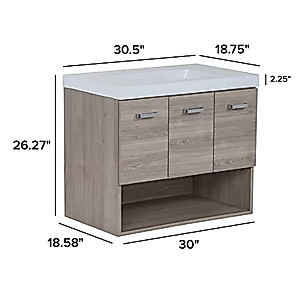 Spring Mill Cabinets Inna Floating Bathroom Vanity with 2-Door Cabinet, Drawer, Open Shelf, and White Sink Top, 30.5" W x 18.75" D x 26.27" H, Forest Elm