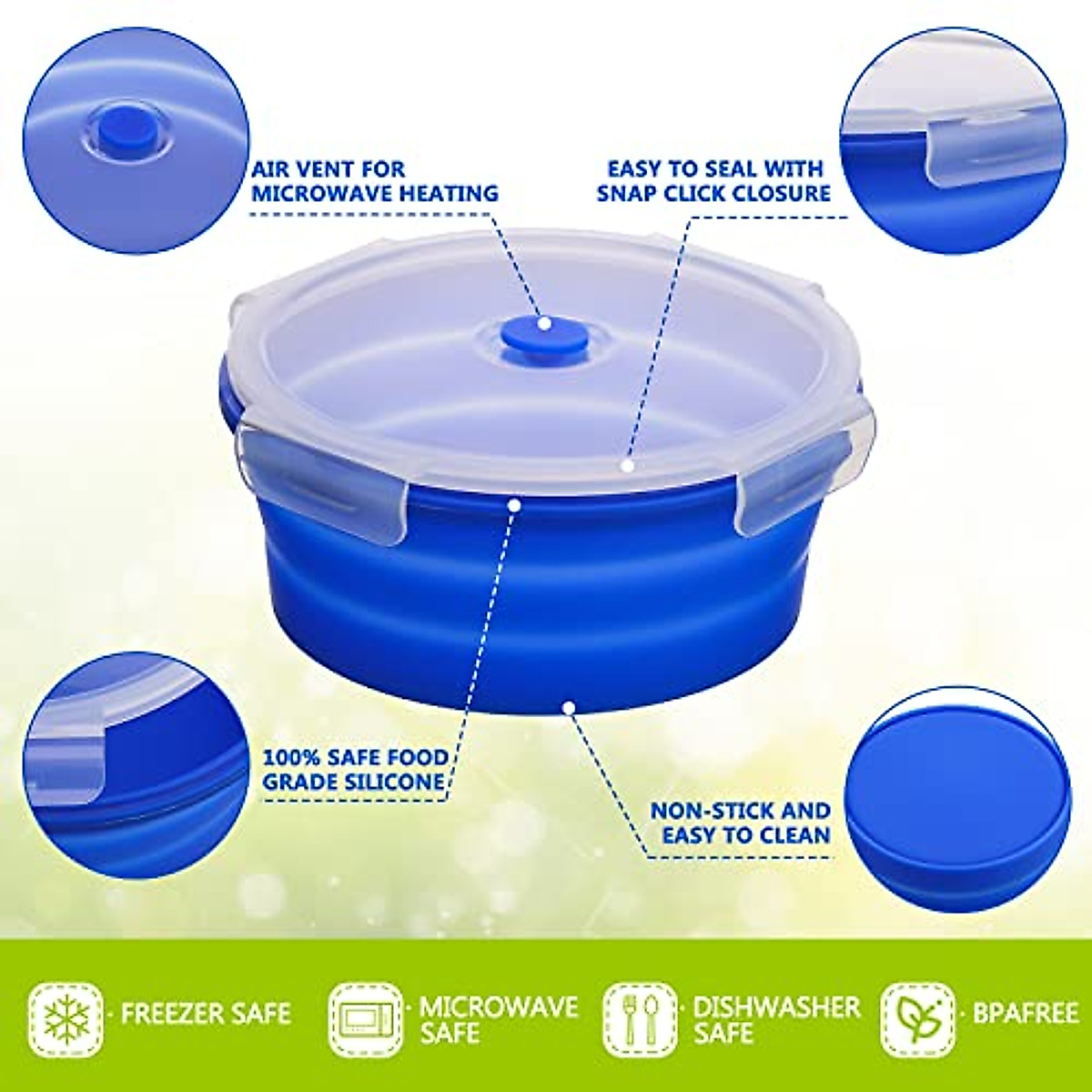 Nuenen Set of 8 Collapsible Food Storage Containers with Lids Silicone Flat Collapsible Bowls for Stacks Travel Camping Meal Prep Container for Kitchen, Freezer Microwave Dishwasher Safe (Round)