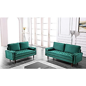 Container Furniture Direct Womble Modern Velvet Upholstered Living Room Diamond Tufted Chesterfield Loveseat with Gleaming Nailheads, Pine Green