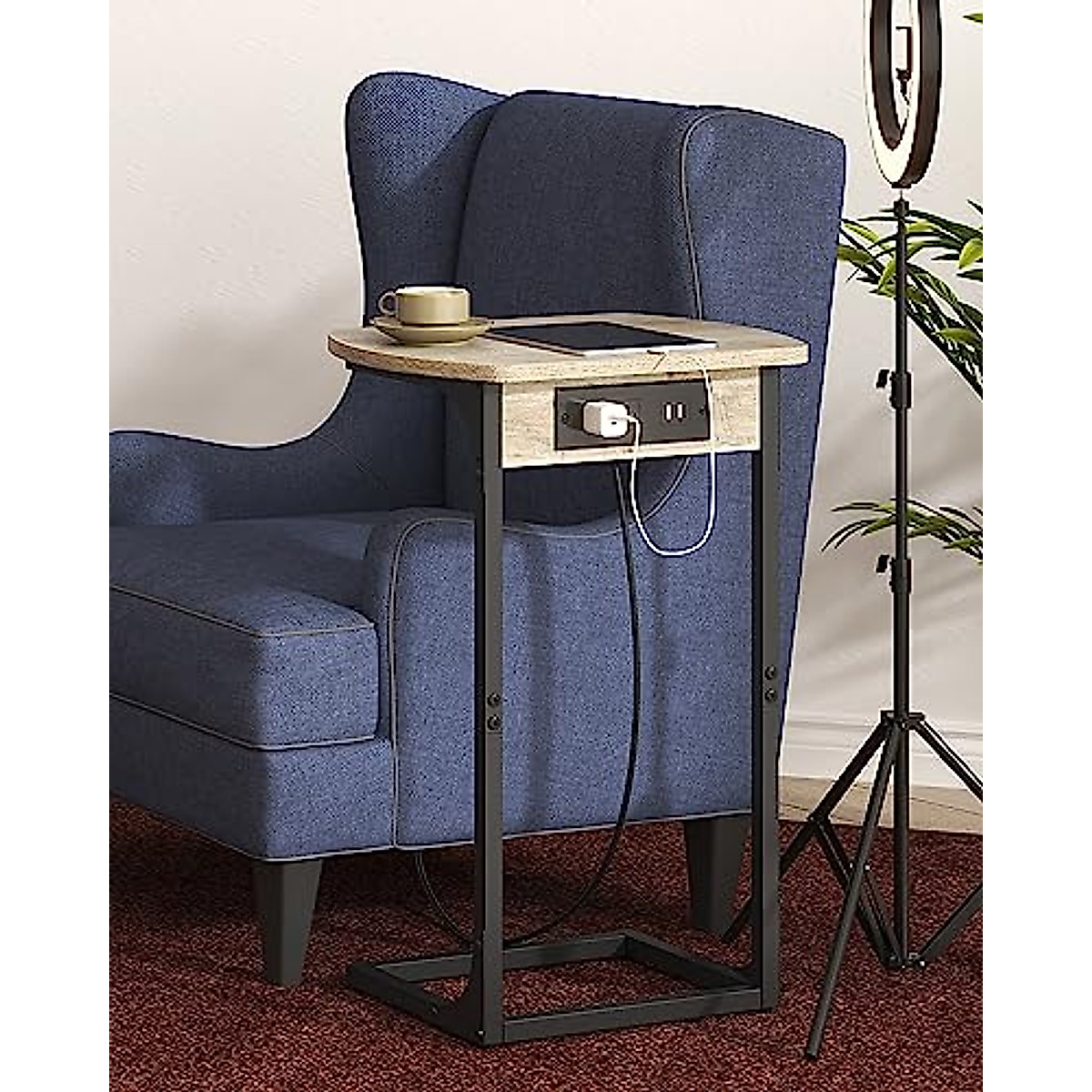 Hzuaneri C Shaped End Table with Charging Station, Bed Side Table with USB Port & Outlet, Couch Table, C Snack Table for Living Room, Bedroom, Greige and Black ET05105B