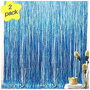 Blue Foil Fringe Curtains Iridescent Mermaid Shark Party Supplies Photo Backdrop Decor Curtains Under The Sea Backdropr Wedding Window Party Decorations Photo Booth Props(2 * 6.5 * 3.2 Ft, Lake Blue)