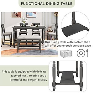 LUMISOL Wood Kitchen Dining Table Set of 6 with Bench and Chairs Farmhouse Rustic Dining Room Table Set, Recantgle Table with Shelf and Upholstered Seating, Gray