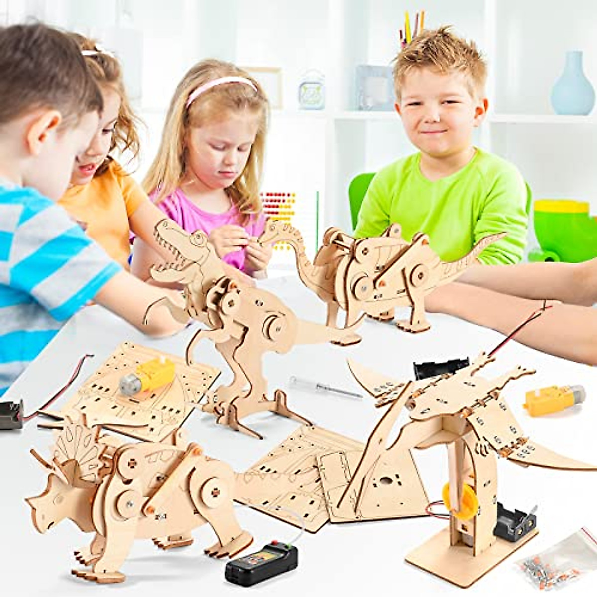 STEM Projects Kits for Kids Age 8-10-12, 4 in 1 3D Wooden Puzzles Dinosaur Craft for 6-8, Building Toys for Boys Ages 8-12, Wood Woodworking Model Kits, DIY Dino Robot Kit