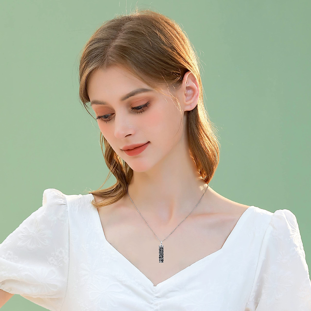 Rose Flower Urn Necklaces Cylinder Bar Urn Necklace for Ashes 925 Sterling Silver Pendant Necklace Keepsake for Ashes Memory Keepsake Cremation Jewelry for Women (Cylinder Rose)