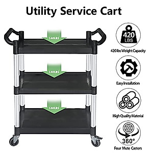 GOLDCAN Utility Carts with Wheels, Heavy Duty Rolling Carts Food Service Cart, 3-Tiers Plastic Cart with Rubber Hammer for Restaurant, Classroom, Warehouse