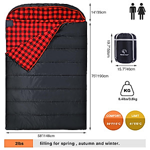REDCAMP Large Cotton Double Sleeping Bag for Adults, 2 Person Cold Weather Warm Queen Size Flannel Sleeping Bags for Camping, Black