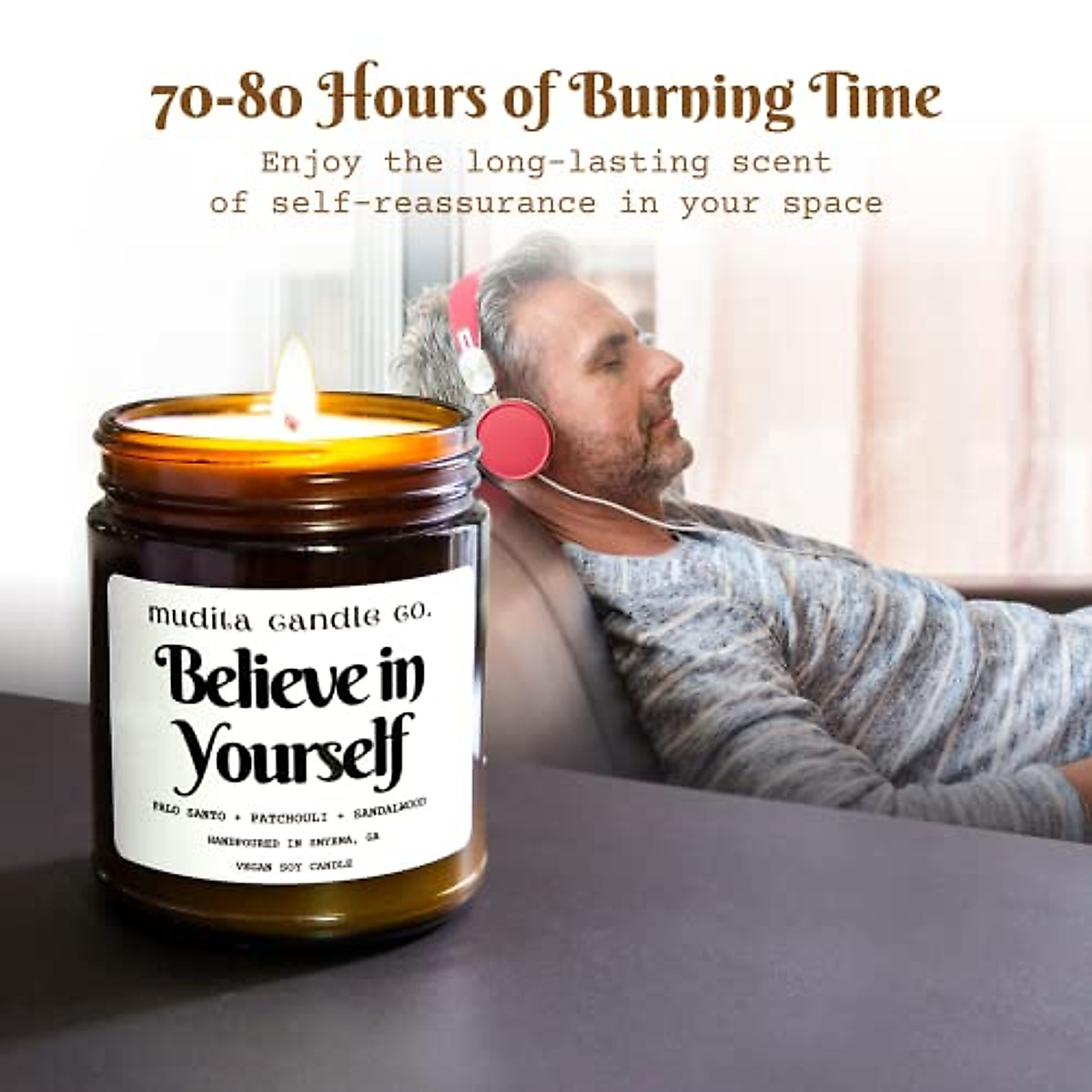 All Natural Vegan Soy Candles - Aromatherapy Candles for Home, Bathroom, Office - 70-80 Hours Long Burning Luxury Candle - Palo Santo, Patchouli, Sandalwood Scent by Mudita - Believe in Yourself