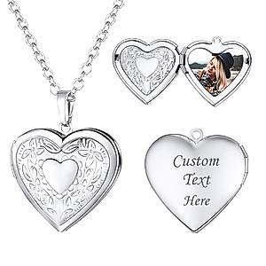U7 Women Flower Heart Locket That Hold Memorial Photo Platinum Plated Jewelry Rolo Chain Customized Photo and Text Engrave Lockets Pendant