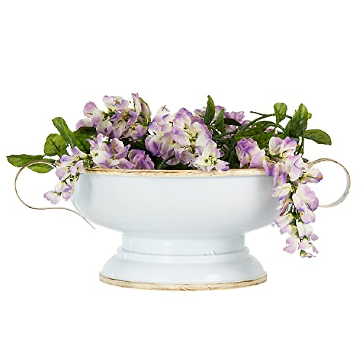 Ka Home Distressed Metal Bowl for Decorative Centerpiece, Table, Home Decor - Rustic White Large Footed Bowl with Handles - Farmhouse Kitchen Decor Accent