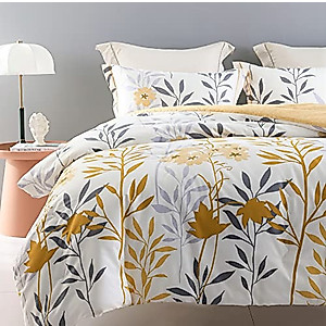 SLEEPBELLA Comforter Queen Size, 600 Thread Count Cotton Grey Branch with Yellow Flower & Grey Leaves Pattern Orange Reversible Comforter Set,Down Alternative Bedding Set 3Pcs(Queen, Yellow Botanical)
