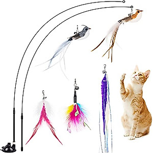JXFUKAL Cat Feather Toys, Interactive Cat Toy with Super Suction Cup, 2PCS Springy Cat Wand & 5PCS Teaser Refills Replacement with Bells, Kitty Kitten Toys Cat Spring String Toy Cat Accessories
