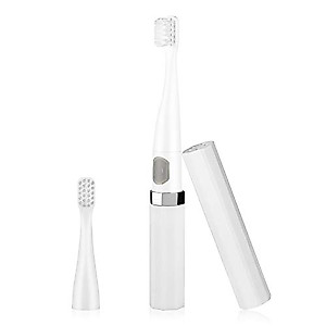 Meafeng Travel Electric Toothbrush with 2 Brush Head 2 Modes Waterproof Sonic Toothbrush by Battery Powered Portable Mini Design for Daily Oral Care Business Travelling and Holiday Use (White)