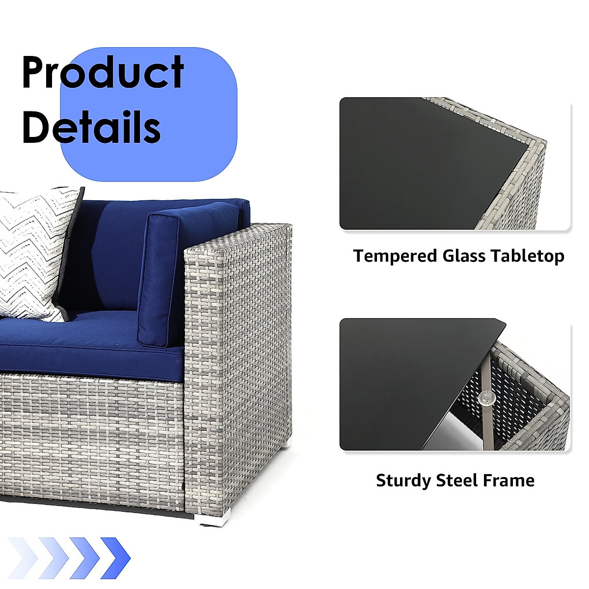 Yangming 7 Piece Outdoor Patio Furniture Sets, Outdoor Sectional Furniture with Tempered Glass Table and Cushion, Rattan Chairs Wicker Couch Conversation Set for Deck, Backyard, Porch, Lawn, Garden