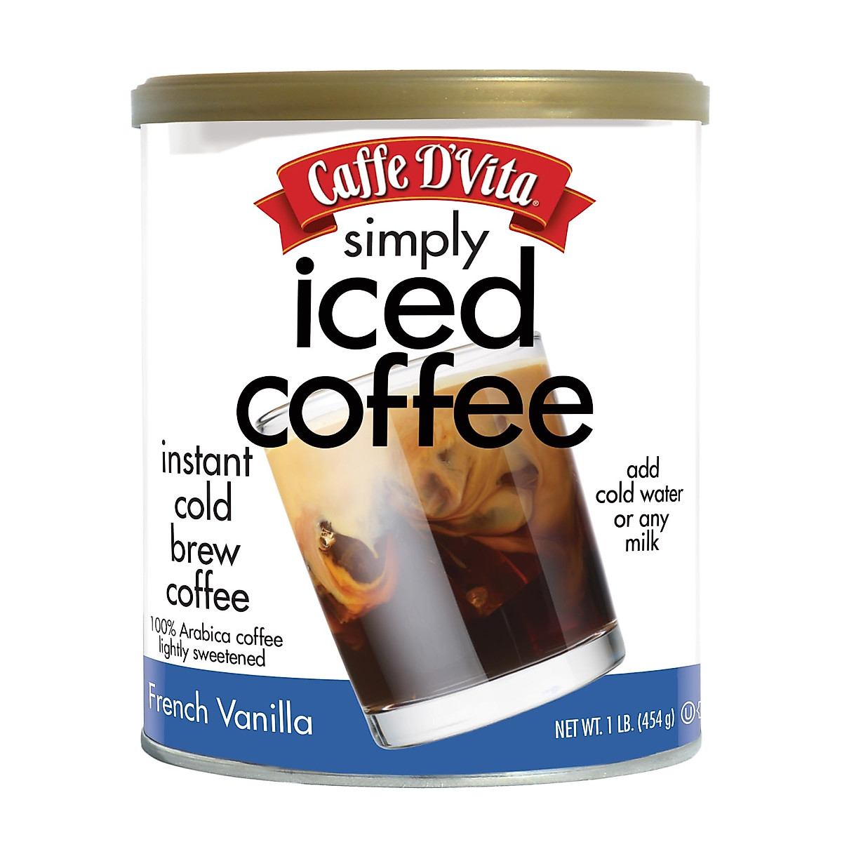 Caffe D'Vita Simply Iced Coffee French Vanilla - 100% Colombian Arabica Instant Mix, French Vanilla Instant Coffee, Low Calorie Iced Coffee, Lightly Sweetened, Dairy Free - 1 Lb Can