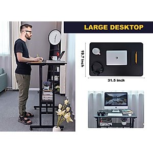 AIZ Mobile Standing Desk, Adjustable Computer Desk Rolling Laptop Cart on Wheels Home Office Computer Workstation, Portable Laptop Stand Tall Table for Standing or Sitting, Black 31.5" x 19.7"