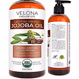 Velona Organic Jojoba Oil 8 oz - 100% Pure, Unrefined Cold Pressed for Face, Hair, Body, Acne Prone Skin Care, Stretch Marks & Cuticles (With Pump)