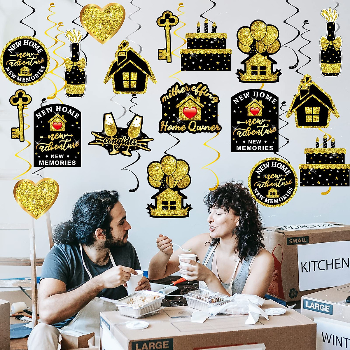 30pcs Housewarming Party Hanging Swirls Decorations, Black Gold House Warming Sign Decor, New Home Sweet Home Housewarming Theme Party Supplies