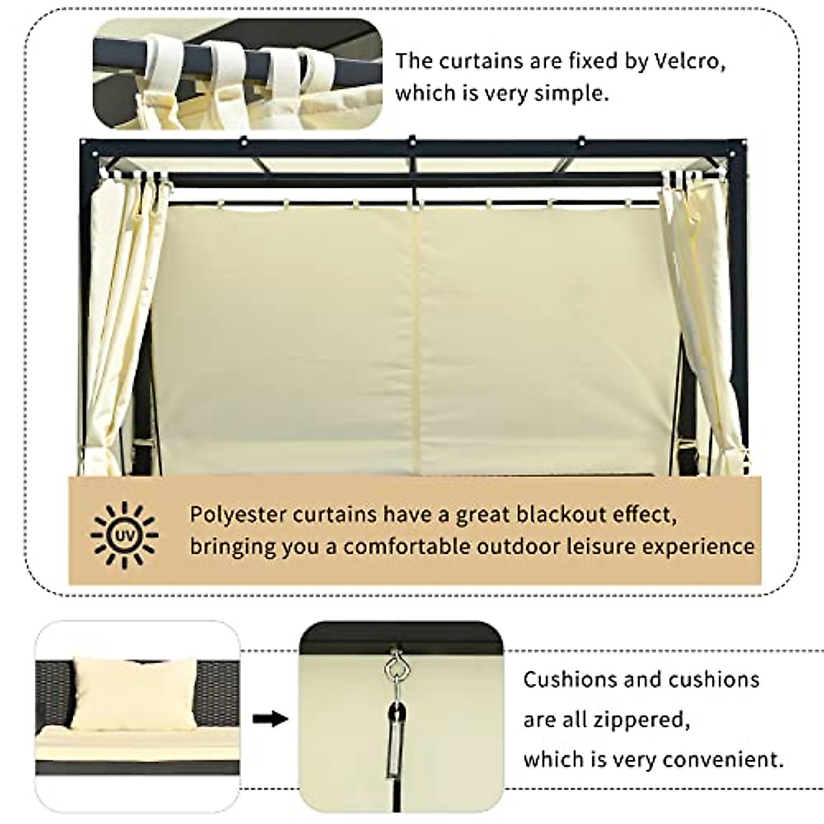 Merax Patio Porch Chair, 3-Seat Outdoor Swing Bed with Adjustable Canopy, Thickened Cushion, Pillow and Foldable Side Tray for Patio, Backyard Beige