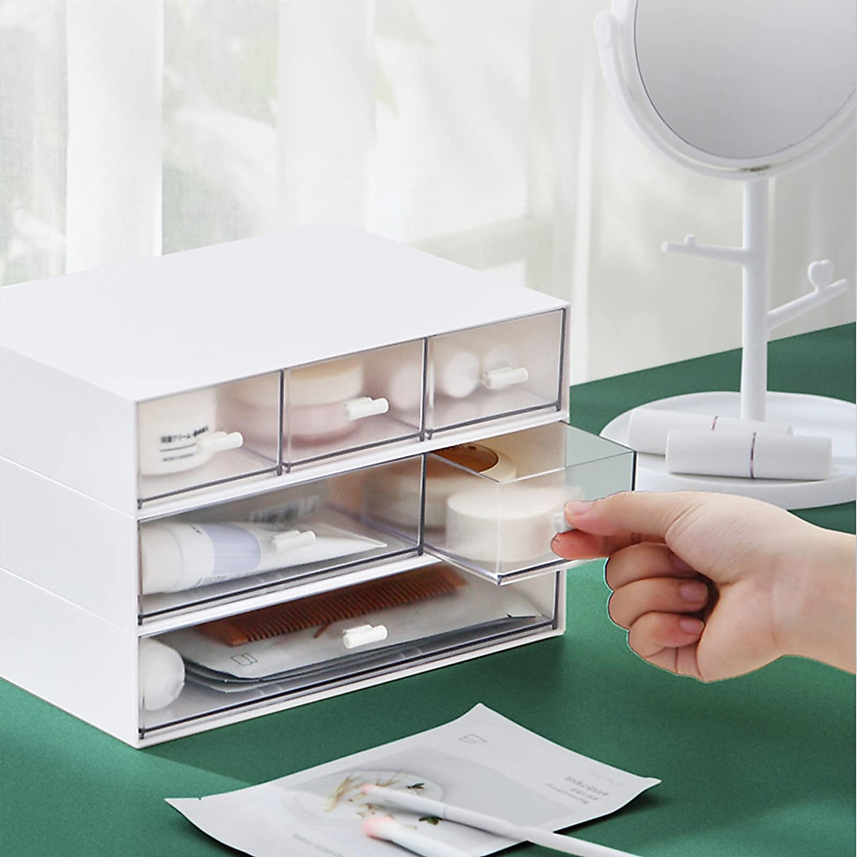 Desk Organizer-3 Tier Stackable Storage Drawers with 6 Compartments White Stackable Drawers Great for Desk Storage, Makeup Storage Bathroom Organization Accessories Etc (White)