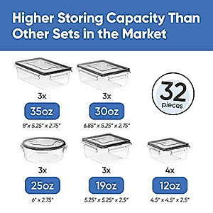 32 Piece Food Storage Containers Set with Easy Snap Lids (16 Lids + 16 Containers) - Airtight Plastic Food Containers for Pantry & Kitchen Organization - For Meal Prep, Home Essentials & Leftovers