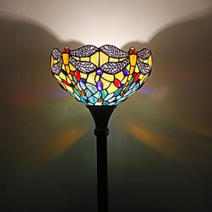 WERFACTORY Tiffany Floor Lamp Sea Blue Yellow Stained Glass Dragonfly Light 12X12X66 Inches Pole Torchiere Standing Corner Torch Uplight Decor Bedroom Living Room Home S128 Series