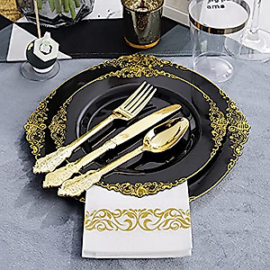 Hioasis 350pcs Black and Gold Plastic Plates with Gold Plastic Silverware For Weddings&Parties Served for 50Guests include 50Dinner Plates 50Dessert Plates 50 Rolled Napkins with Gold Cutlery 50Cups