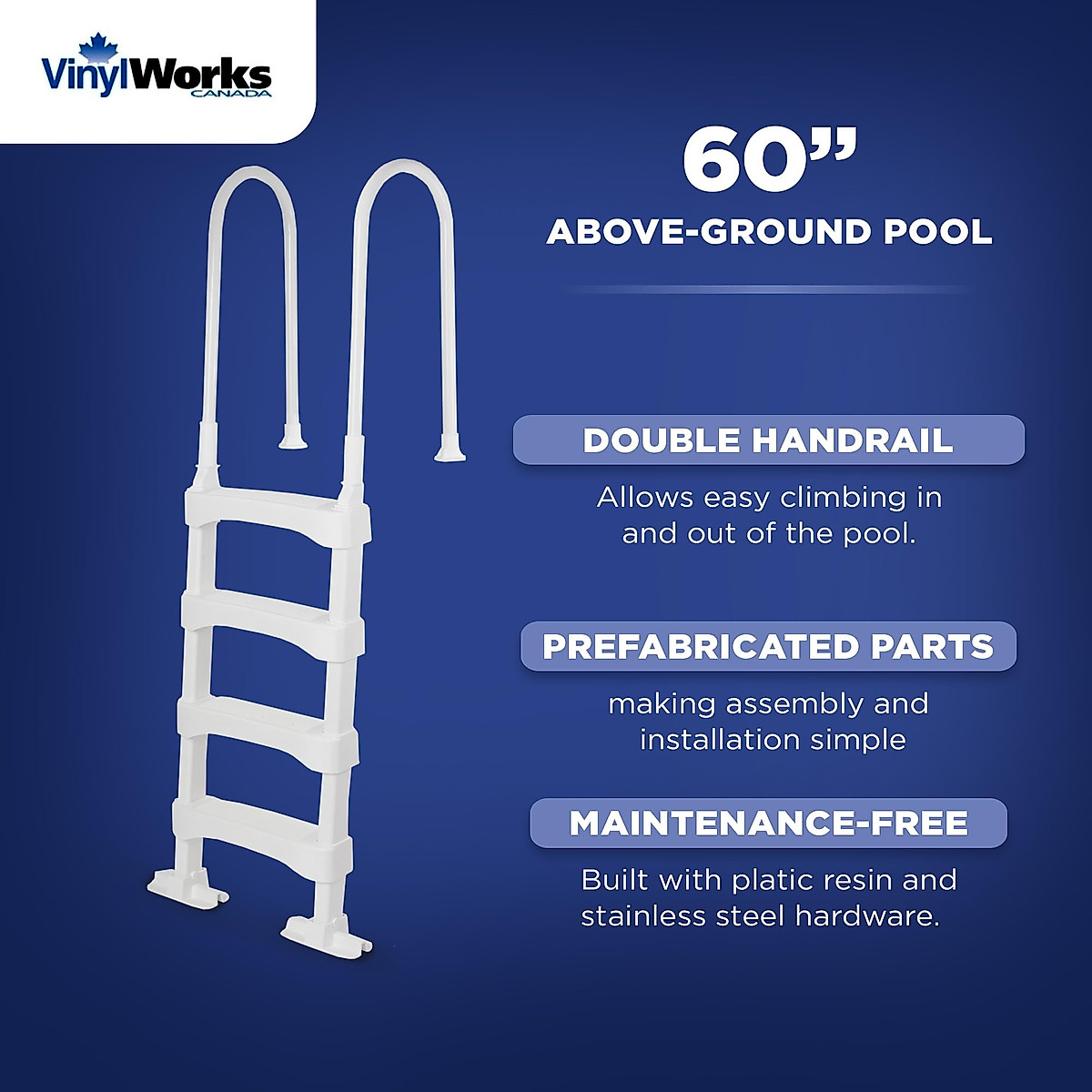 Vinyl Works Heavy Duty Anti Slip Plastic Step Ladder for Above Ground or In Ground Swimming Pools with Ergonomic Aluminum Handrails, White