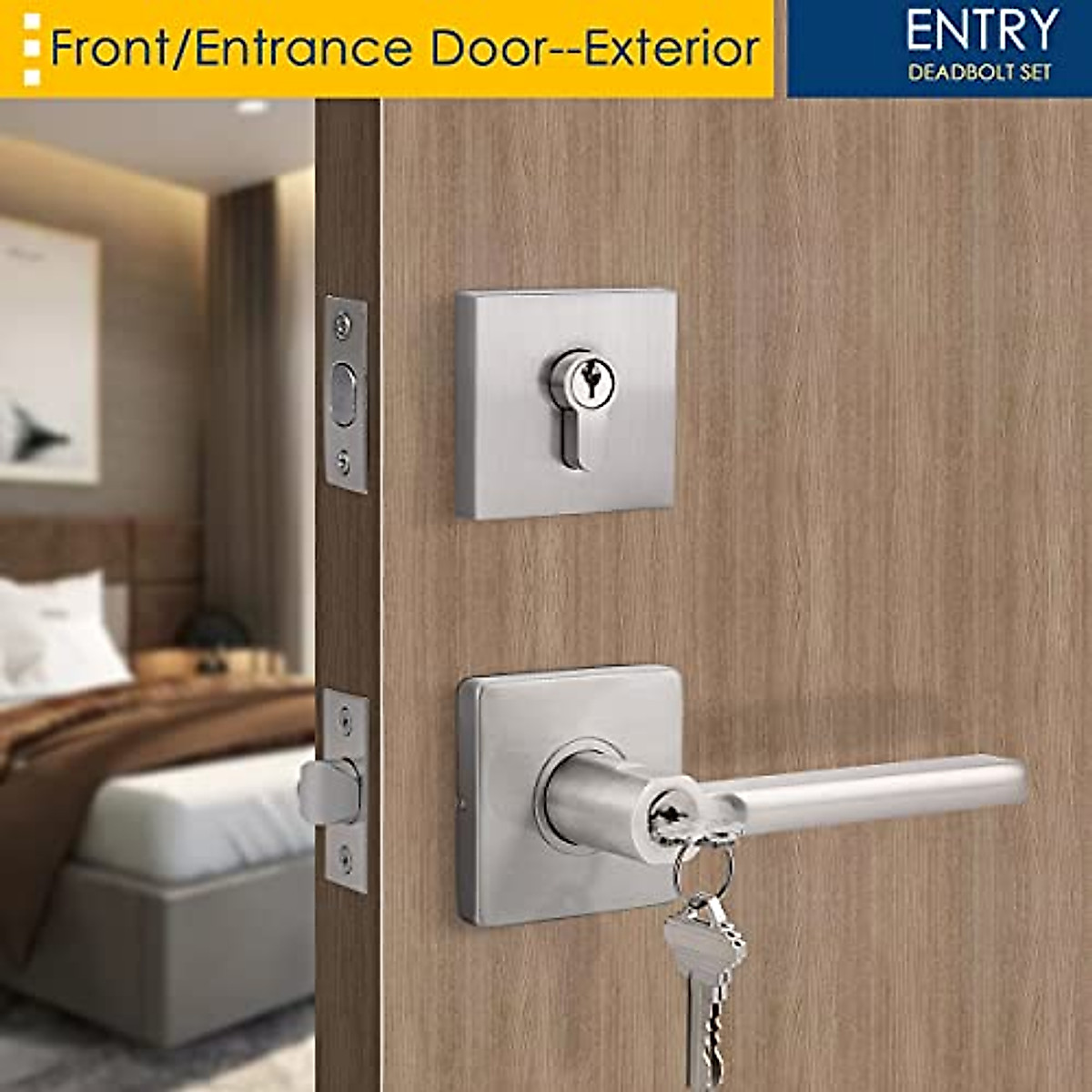 Brotima 5 Pack Square Heavy Duty Keyed Alike Front Door Entry Lever Lockset and Double Cylinder Deadbolt Combination Set with Same Key, Satin Nickel Finish, Reversible for Right/Left Hand