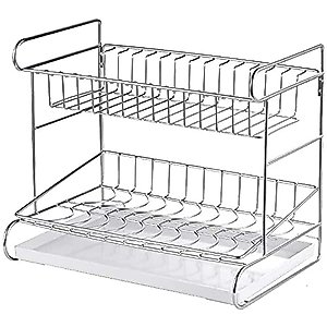 Plate Rack Draining Dish Rack 2 Tier Dish rack 304 Stainless Steel Dish Drainer Rack Holder Dish Drying Rack with Removable Draining Pan Plate Holder