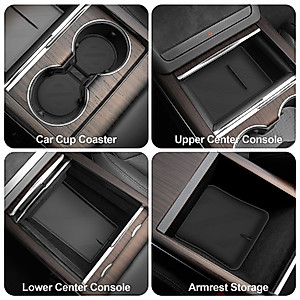 BEEGROW Cup Coaster, Upper & Lower Center Console Organizer Tray Pad and Armrest Storage Mat for 2024 2023 2022 Tesla Model X/S Accessories, Full Set Interior Insert Mats, Silicone Black