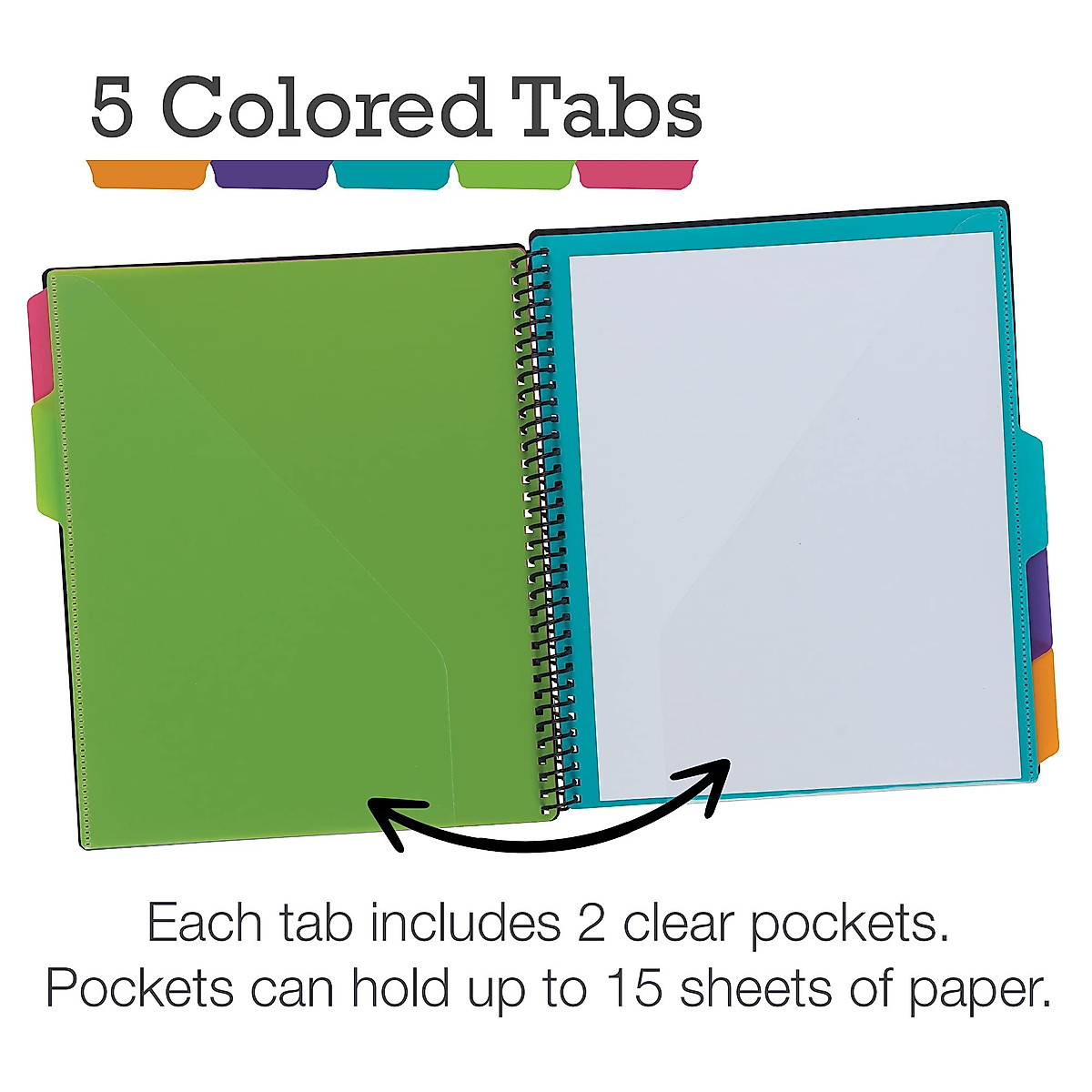 Samsill Fashion Colors 10 Pocket, 5 Subject, Spiral Project Organizer with 5 Dividers, Customizable Front Cover, Erasable Write On Tabs in Fashion Colors, Plastic Folders with Pockets
