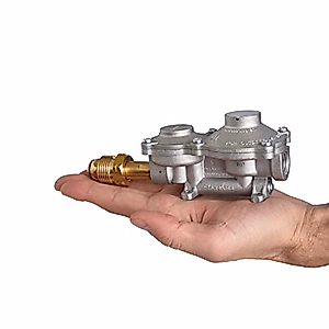 Flame King 2 Stage Propane LP Horizontal Super Compact Regulator with POL for RV, Vans, Trailers, Campers, 100lb Tank, ASME Tank, Generators (G2R150B-POLa), POL Single Tank Regulator, Gray