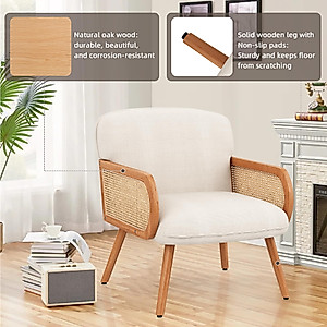Andeworld Accent Chair with Rattan Arms,Upholstered Mid Century Modern Living Room Armchair, Side Club chair with Burlap Linen Fabric for Living Room Bedroom Balcony, Beige
