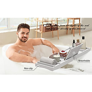 Bamboo Bathtub Tray Bath Tub Caddy with Expandable Handles Wine Glass Phone Holder Book Stand for Bathroom White